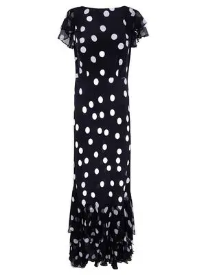RIXO RIXO Short Sleeve Polka Dot Ruffled Maxi Dress
