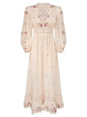 Zimmermann Patience Plunge Midi Dress - Cream-pink-rose