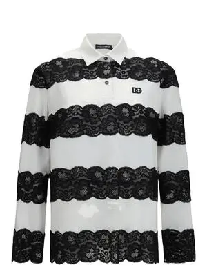 Dolce & Gabbana Long Sleeve Lace Trim Polo Top - Black