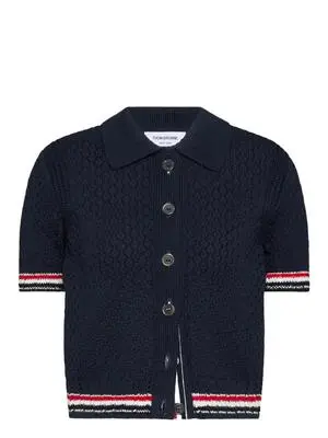 Thom Browne Short Sleeve Buttoned Cardigan With Striped Trim - Navy Blue