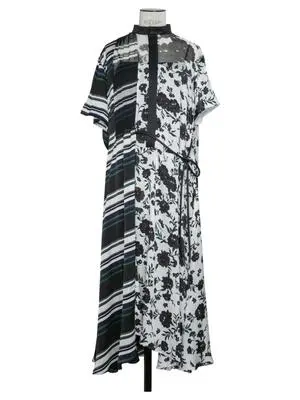 Sacai Floral Print Midi Dress With Pleated Details - White And Multicolour