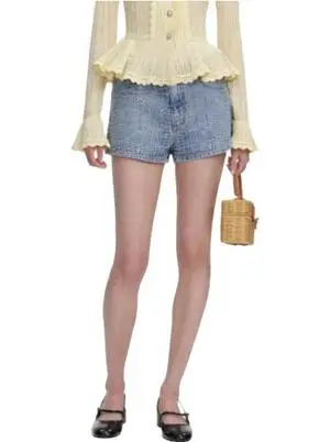 SELF-PORTRAIT Rhinestone Croc Effect Denim Shorts - Nude