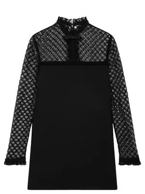 Celine Lace Mini Dress In Diagonal Wool - Black