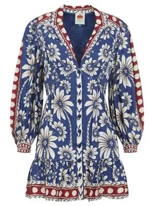 Farm Rio Floral Print V-neck Mini Dress With Ruffled Hem - Blue
