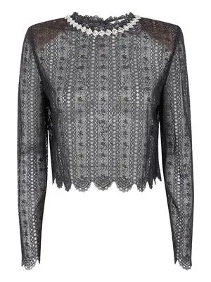 SELF-PORTRAIT Embellished Trim Lace Blouse - Black