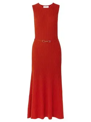 Gabriela Hearst Sleeveless Ribbed Knit Midi Dress With Belt - Tomato Red