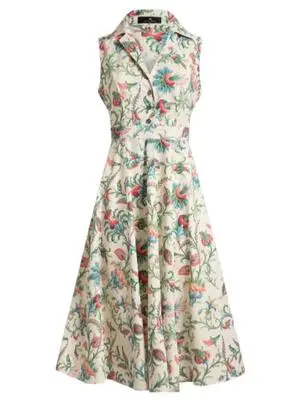Etro Sleeveless V-neck Dress With Floral Print And Ruffles - Cream