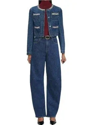 SELF-PORTRAIT Embellished-pocket Denim Jacket - Blue