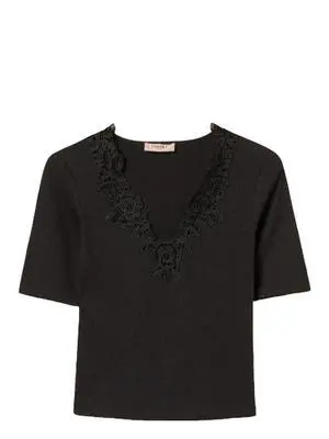 TWINSET Lace Trim Cropped T-shirt - Black