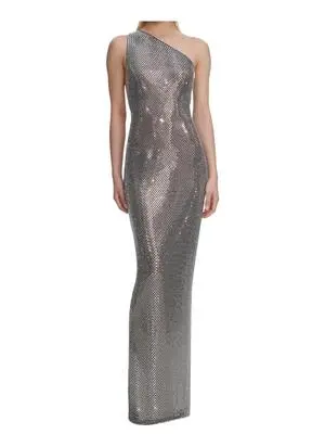 SELF-PORTRAIT One-shoulder Rhinestone Maxi Dress - Grey
