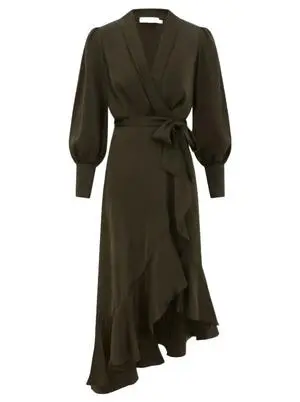 Zimmermann Midi Wrap Dress With Ruffles - Black