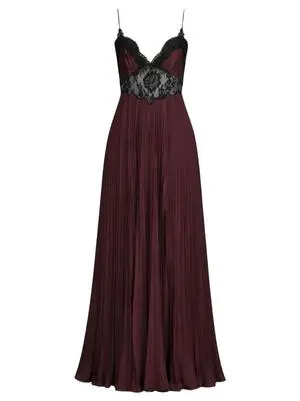 SELF-PORTRAIT Pleated Lace-trim Maxi Dress - Brown