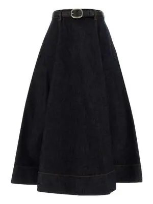 SELF-PORTRAIT Denim Flared Midi Skirt - Indigo
