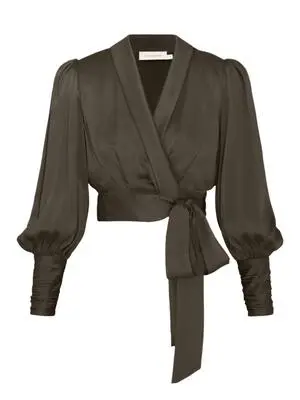 Zimmermann Zimmermann Wrap Top With Lantern Sleeves And Belt Brown