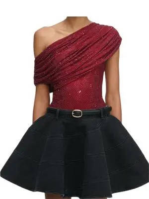 SELF-PORTRAIT Asymmetrical Draped One-shoulder Top - Wine Red