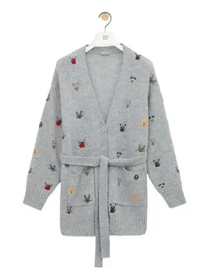 Loewe Belted Wool Cardigan With Anagram Embroidery - Gray