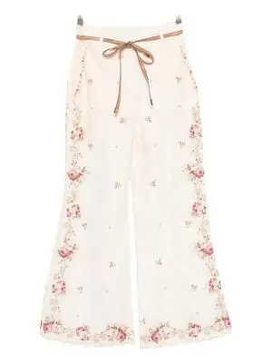 Zimmermann Lace-up Flared Floral Trousers - Cream/pink Rose