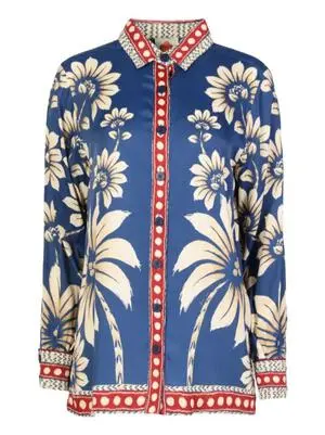 Farm Rio Floral Printed Long Sleeve Shirt - Blue