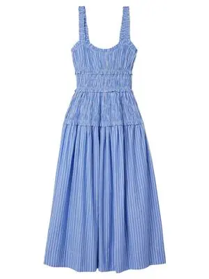 DÔEN Marianne Striped Cotton Poplin Midi Dress - Blue