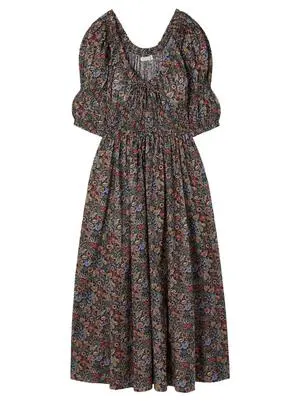 DÔEN Ischia Shirred Floral-print Organic Cotton-voile Midi Dress - Multi-color