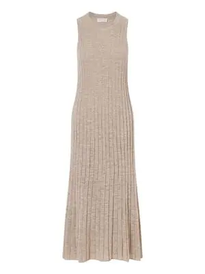Brunello Cucinelli Sleeveless Round Neck Ribbed Knit Dress - Beige
