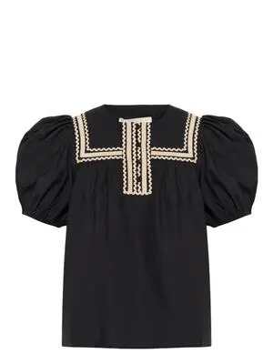 Ulla Johnson Puff Sleeve Top With Scalloped Trim - Black