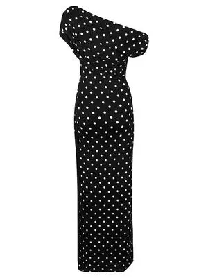 SELF-PORTRAIT Polka Dot Draped Knit Midi Dress - Black