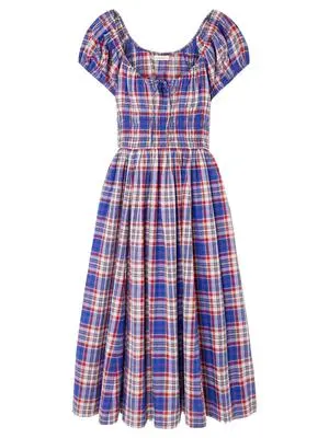DÔEN Quinn Checked Shirred Cotton-poplin Midi Dress - Blue