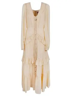 Farm Rio Ruffled Maxi Dress With V-neck And Long Sleeves - Yellow