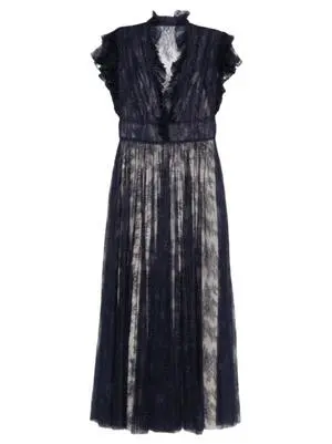 Alberta Ferretti Lace Ruffled V-neck Maxi Dress - Blue