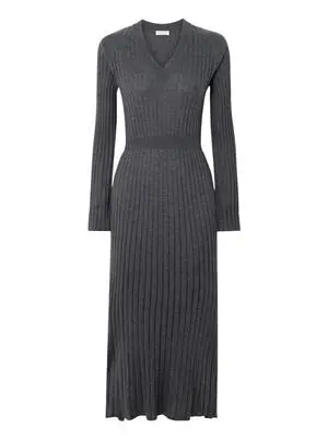 Brunello Cucinelli Long Sleeve V-neck Ribbed Knit Dress - Dark Gray