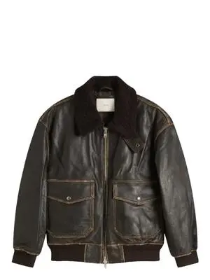 DUNST Leather Biker Jacket With Shearling Collar - Black