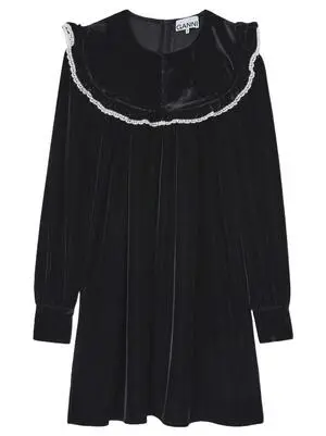 GANNI Velvet Mini Dress With Lace Trim - Black