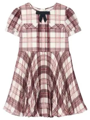 SELF-PORTRAIT Plaid Pleated Skater Dress With Bow Detail - Nude