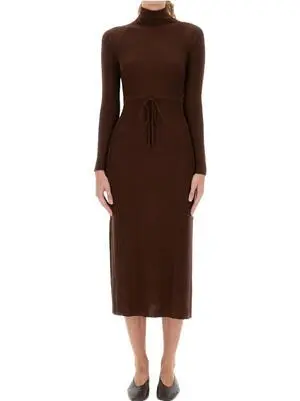 A.p.c. Marianna Ribbed Knit Long Sleeve High Neck Dress With Drawstring Waist - Brown