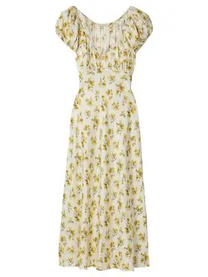 DÔEN Short Sleeve Floral Print Midi Dress - Light Yellow