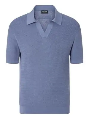 Zegna Jacquard Knit Buttonless Polo Shirt - Blue