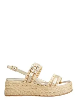 ROGER VIVIER Raffia Wedge Sandals With Crystal Buckle - Nude