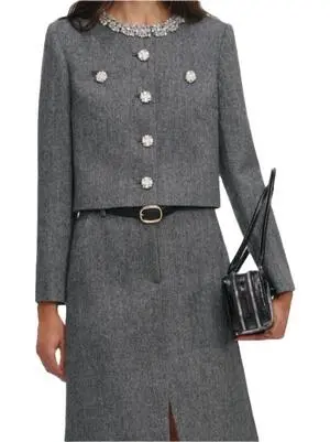 SELF-PORTRAIT Cropped Jacket With Diamanté Embellishments - Grey