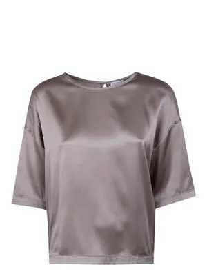 Brunello Cucinelli Keyhole Crewneck Short Sleeve Top - Gray
