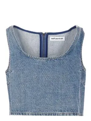 SELF-PORTRAIT Embellished Denim Cropped Top - Blue