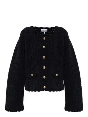 GANNI Crochet Cardigan With Gold Button Detail - Black
