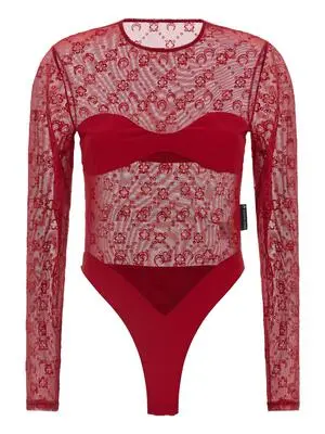 MARINE SERRE Monogram Mesh Bodysuit Top - Red