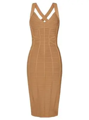 Elisabetta Franchi Ribbed Knit Midi Dress With Geometric Accents - Fallow Deer