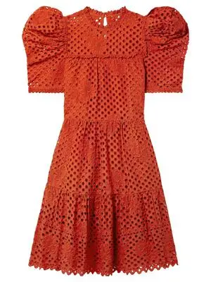 Ulla Johnson Short Sleeve Eyelet Dress - Brick Red