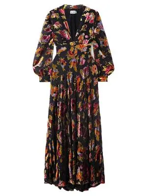 Rixo Floral Print Long Sleeve V-neck Maxi Dress - Black