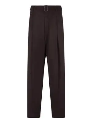 Emporio Armani Belted Straight Leg Wool Blend Pants - Brown