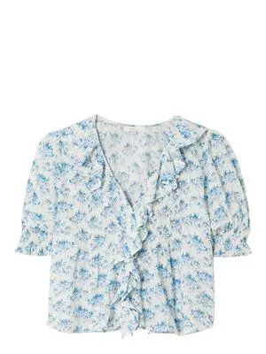 DÔEN Henri Ruffled Pintucked Floral-print Organic Cotton-voile Top - Blue