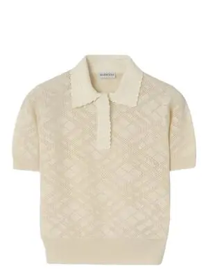 Burberry Wool Silk Check Pointelle Polo Top - Ceramic White