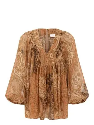 Zimmermann Carousel Batwing Top With Metallic Detailing - Biscuit Paisley